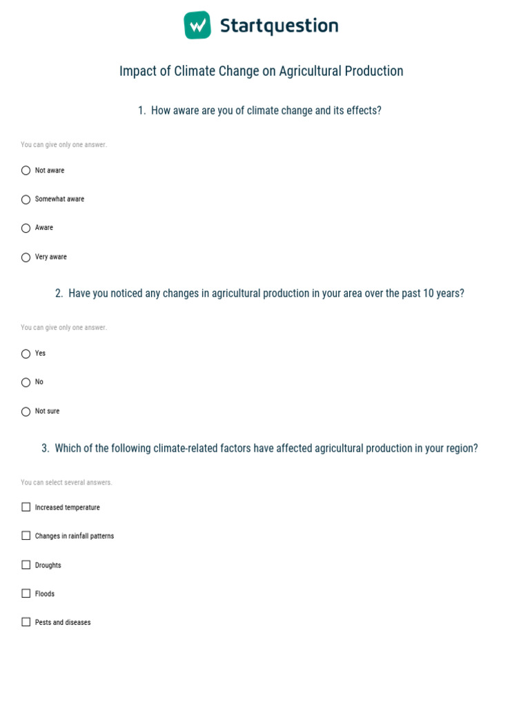 Questionnaire Impact of Climate Change On Agricultural Production ...