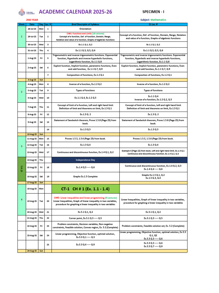 Updated 2nd Year Mathematics Calendar 2025-26 (S 1) | PDF | Function ...