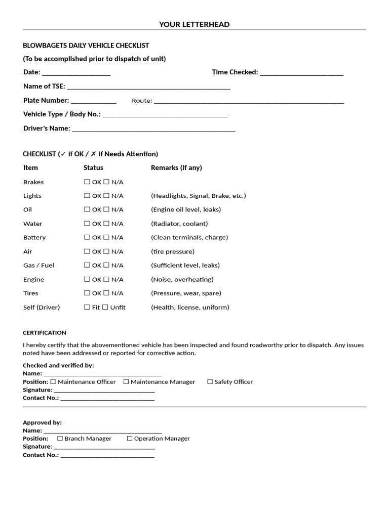 Blowbagets Daily Vehicle Checklist | PDF