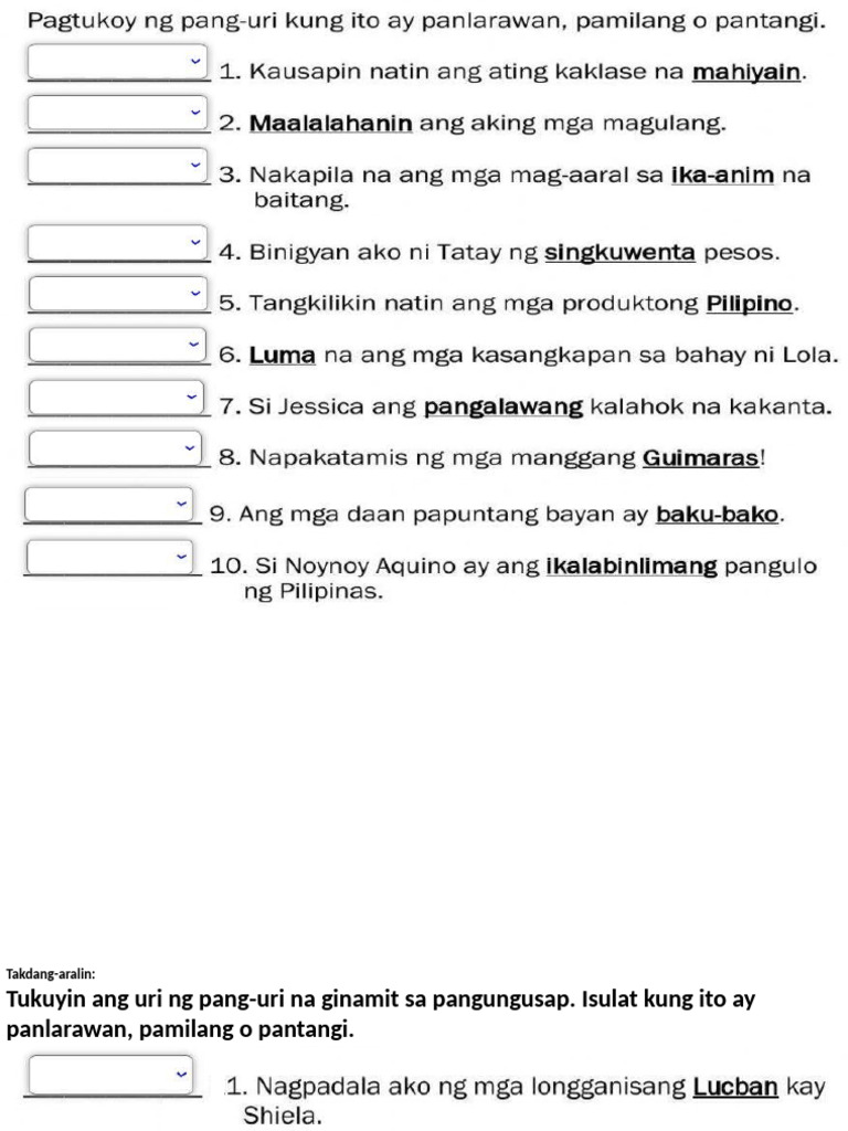Uri NG Pang-Uri Worksheet | PDF