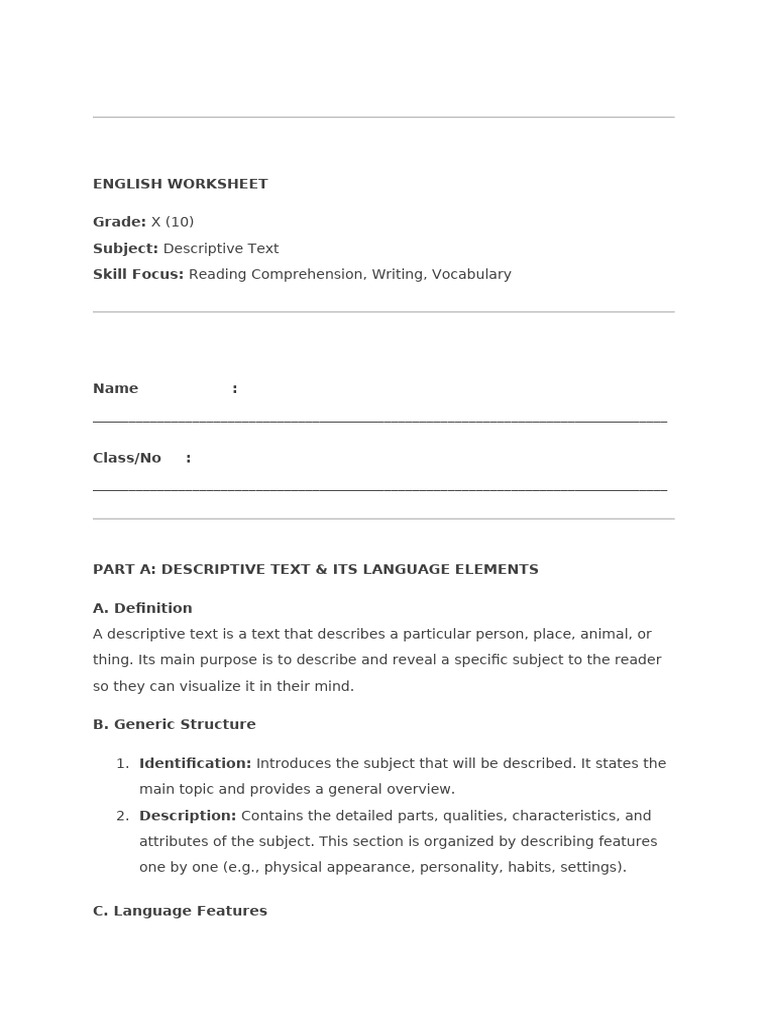 English Worksheet Descriptive Text 10english Worksheet Descriptive Text ...