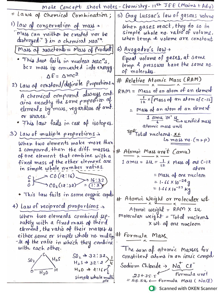 Mole Concept Short Notes Chemistry | PDF