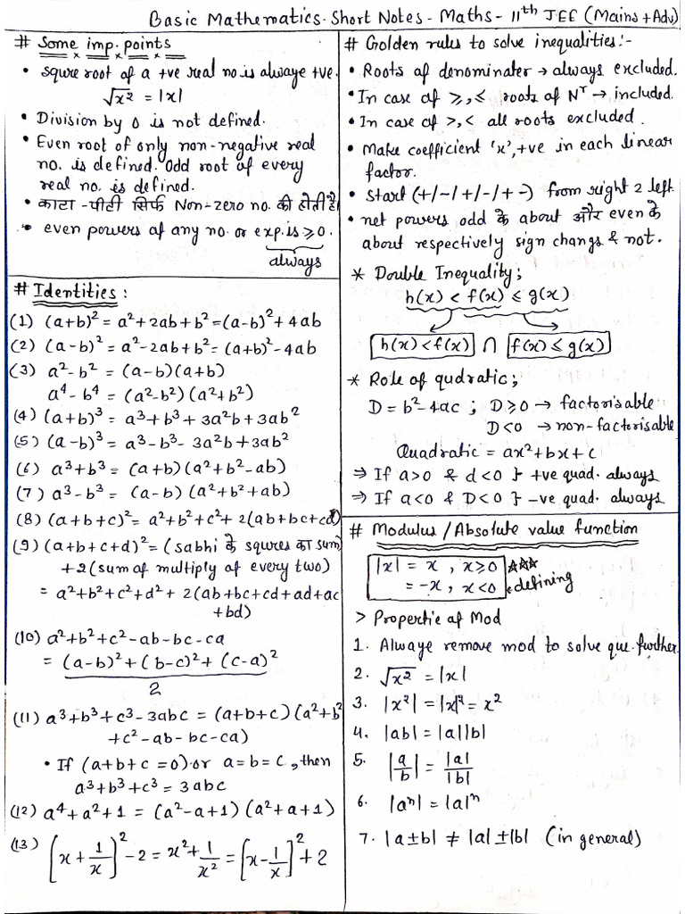Basic Mathematics Short Notes Mathematics | PDF