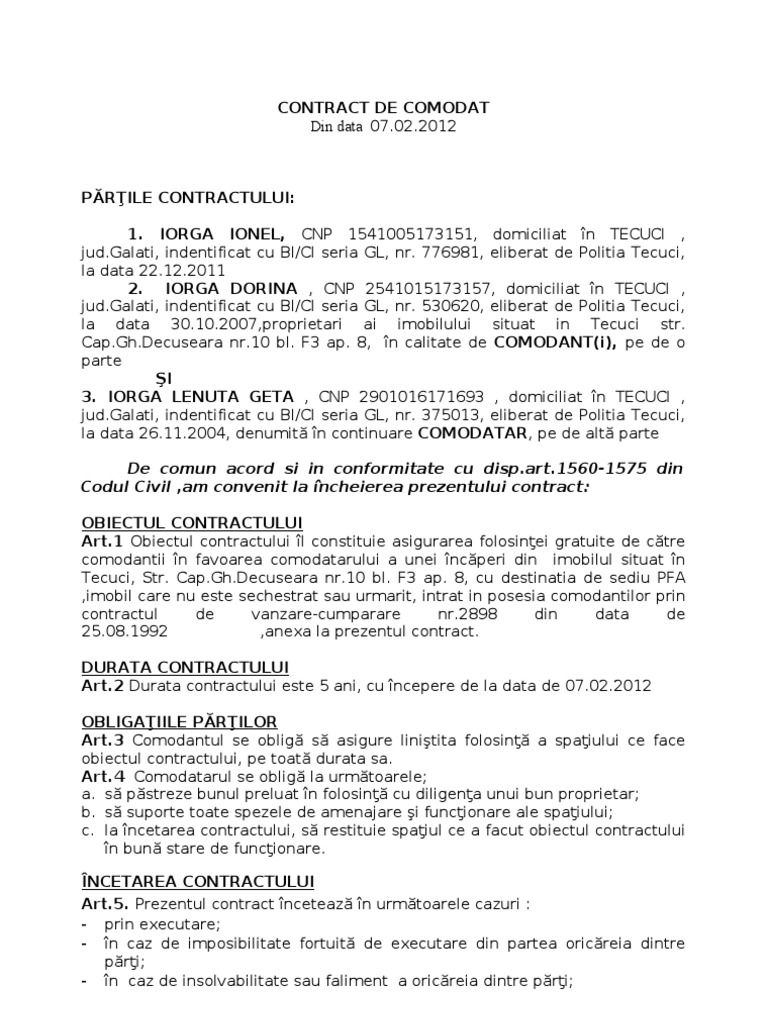 Contract de Comodat Model 01 | PDF