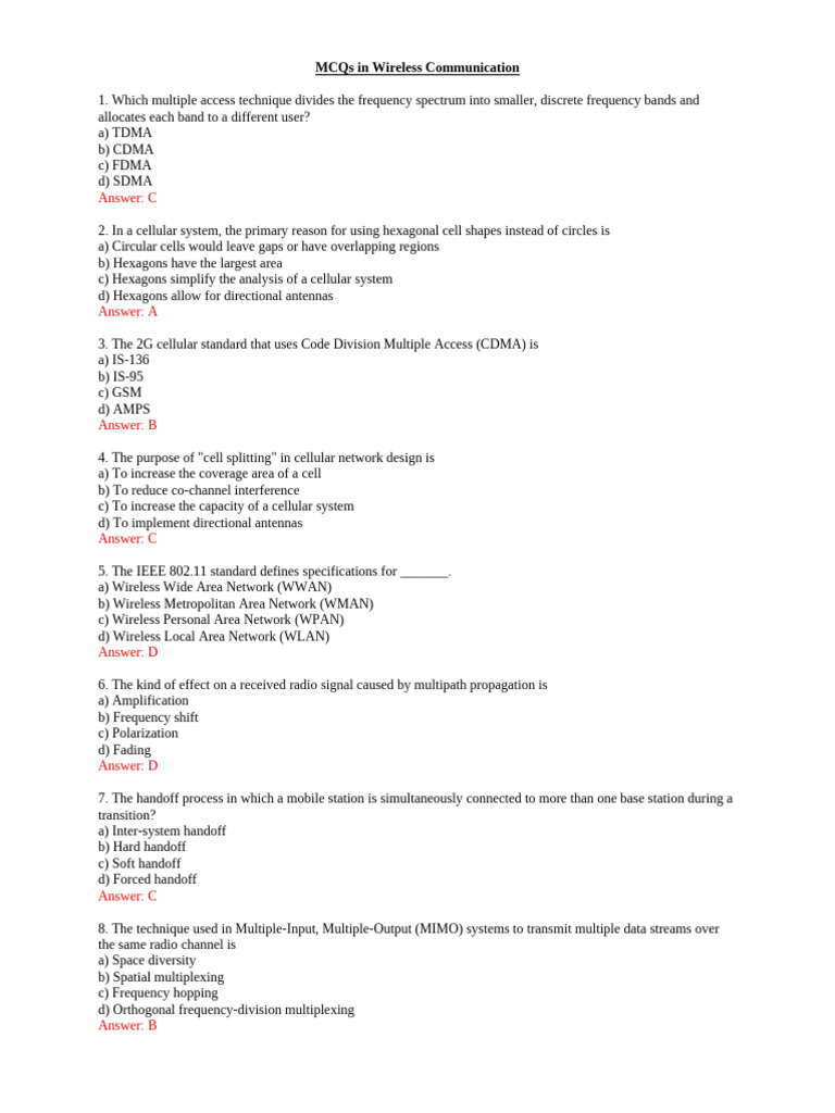 MCQs in Wireless Communication | PDF | Cellular Network | Channel Access Method
