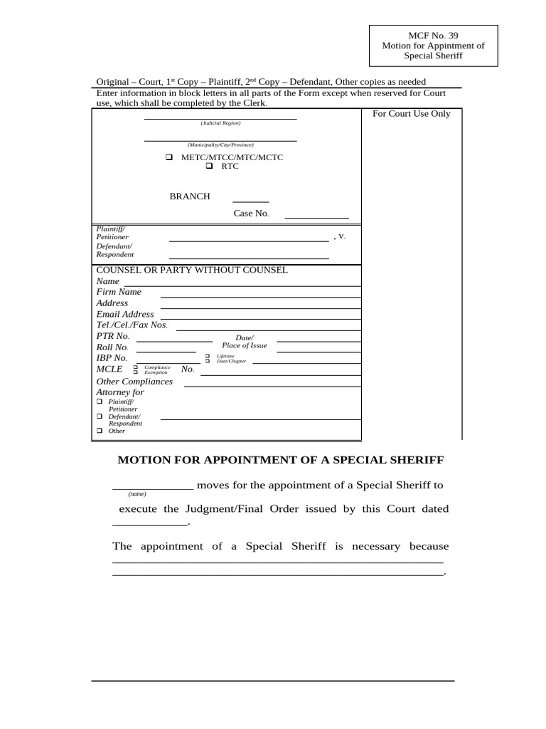 MCF JJ Motion For Appointment of Special Sheriff | PDF | Courts | Law ...