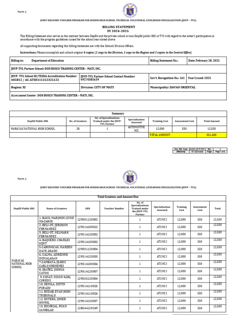 JDVP-TVL Billing Statement 2024-2025 | PDF | Chess | Chess Openings