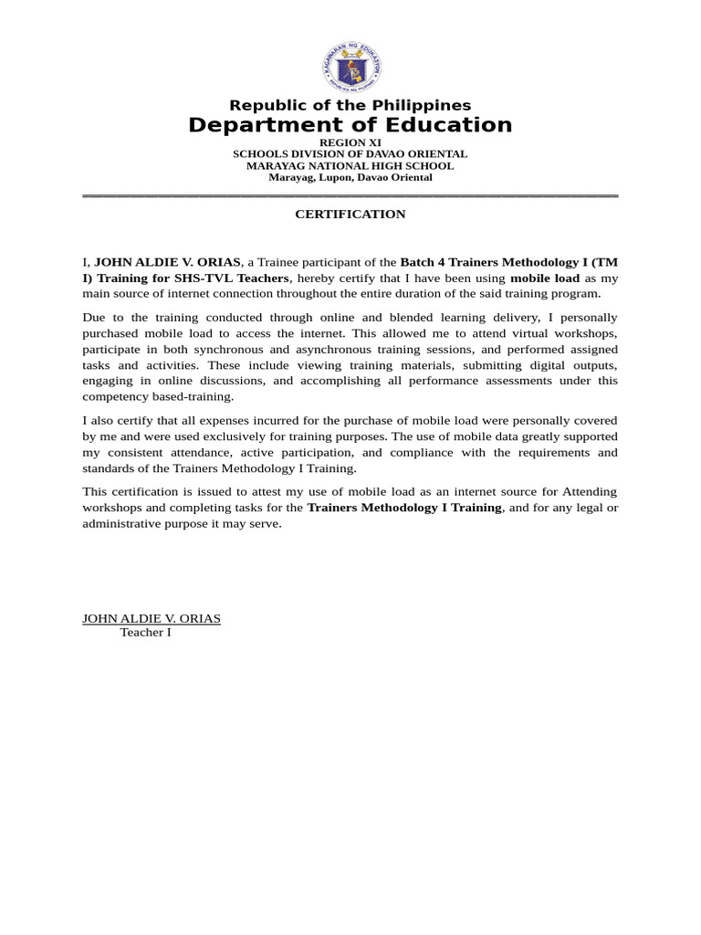 Certification of Mobile Data Use for Training | PDF