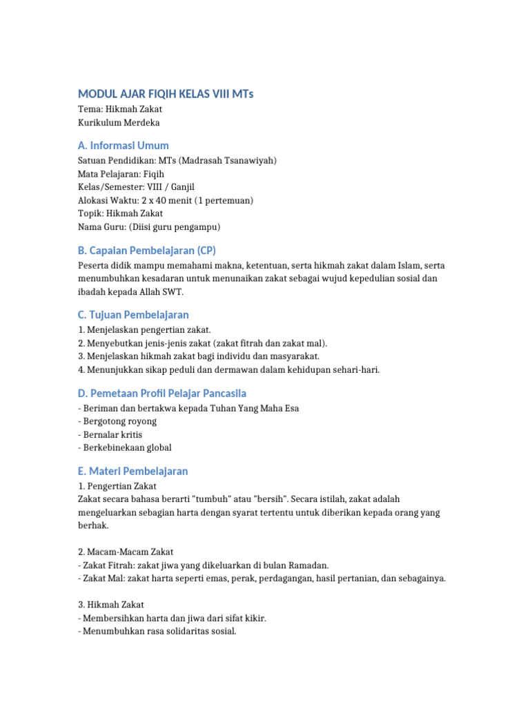 Modul Ajar Fiqih Kelas8 Hikmah Zakat | PDF