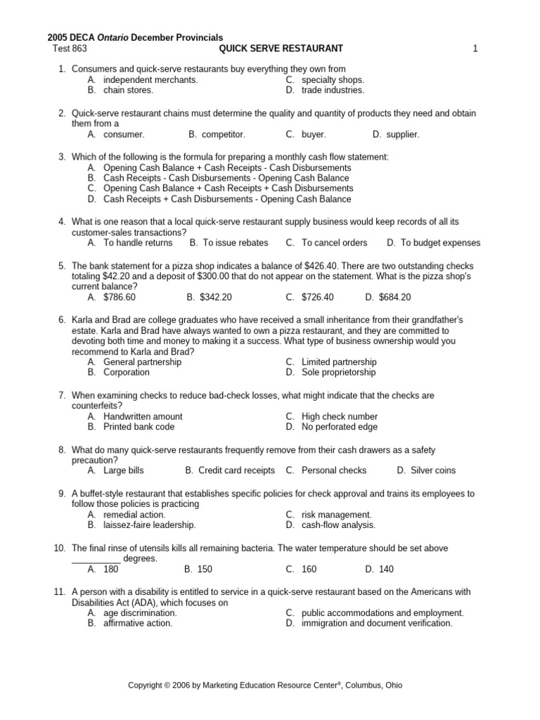 2005 DECA Ontario Quick Serve Exam | PDF | Pricing | Expense