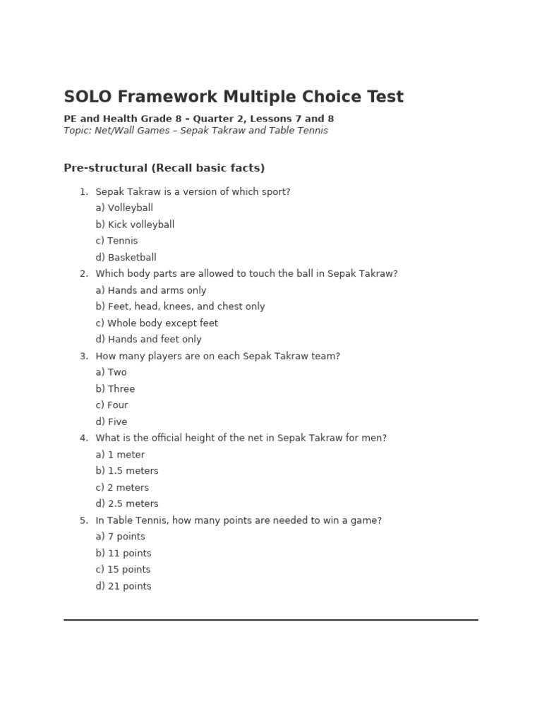 Q2_PEH 8_WEEK 7-8_SOLO Framework Multiple Choice Test | PDF | Sports ...