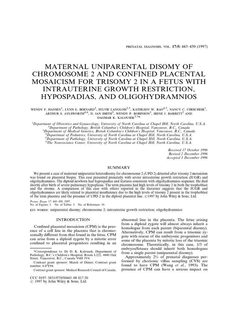 Prenatal Diagnosis - 1999 - HANSEN - MATERNAL UNIPARENTAL DISOMY OF ...