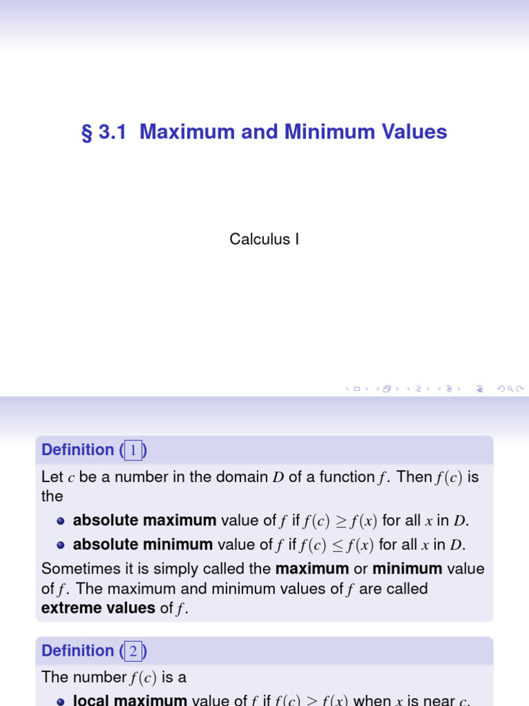 3.1 Maximum and Minimum Values: Calculus I | PDF