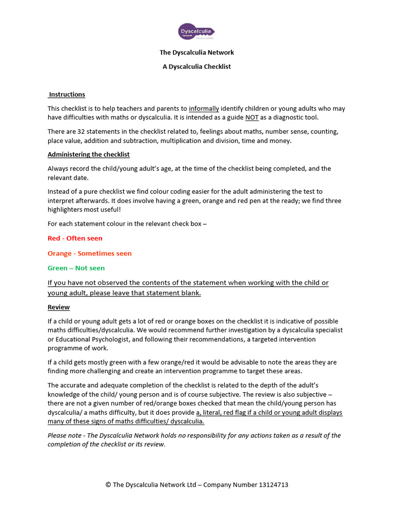 The Dyscalculia Network A Dyscalculia Checklist | PDF | Cognition