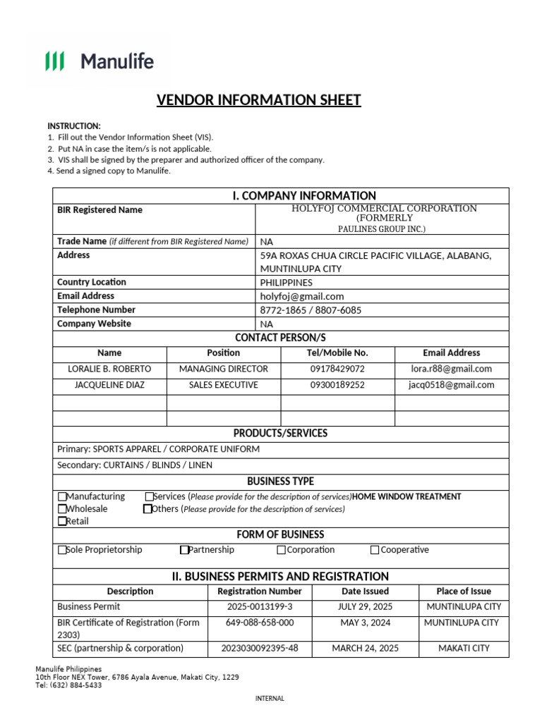 Vendor Information Sheet (Vis) | PDF | Business