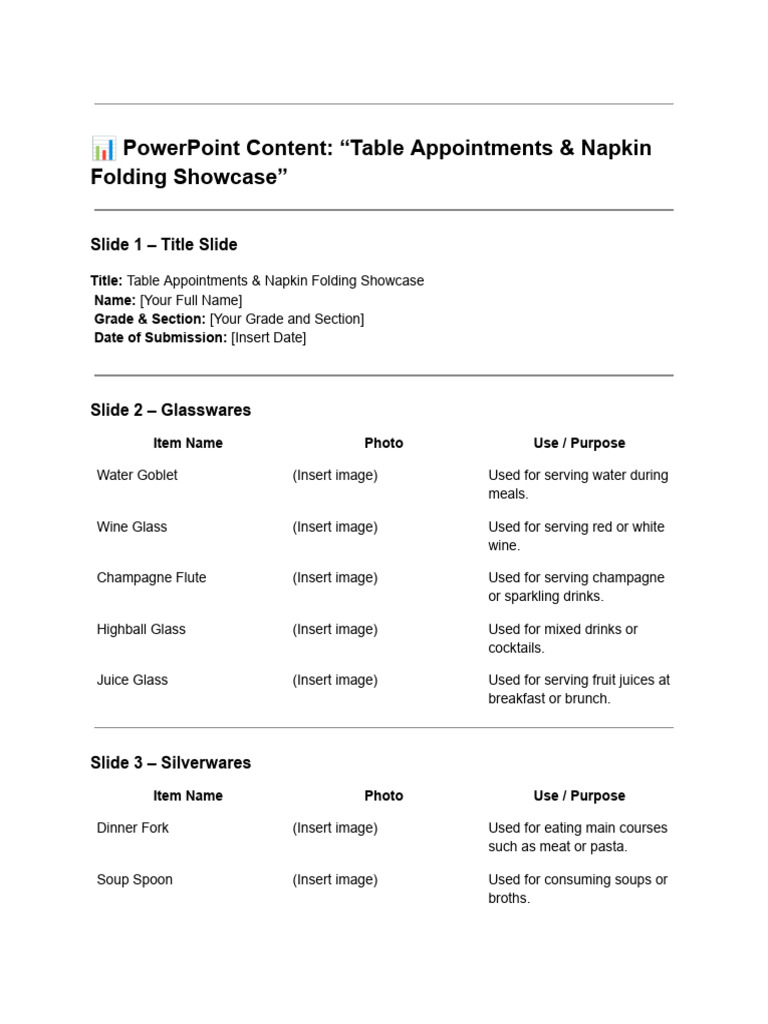 ? PowerPoint Content - "Table Appointments & Napkin Folding Showcase" | PDF | Tableware | Cooking
