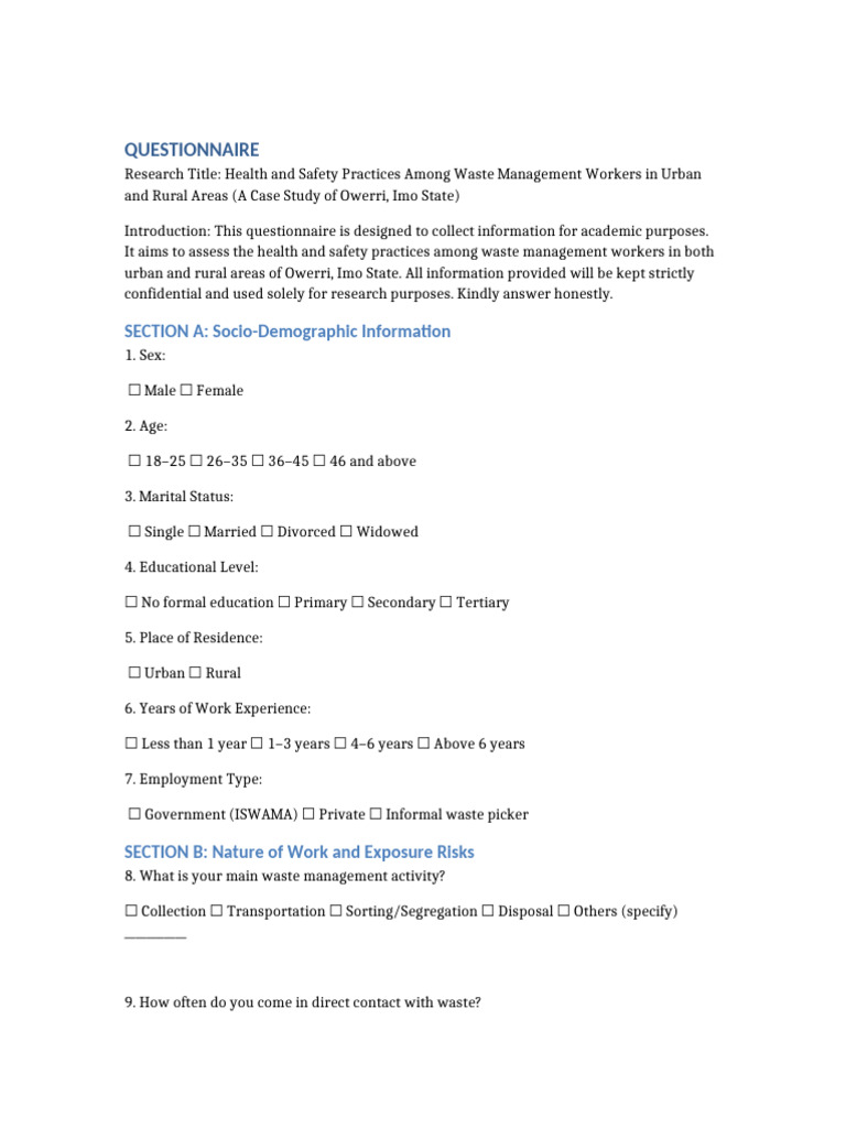 Questionnaire Health and Safety Practices Waste Workers | PDF ...