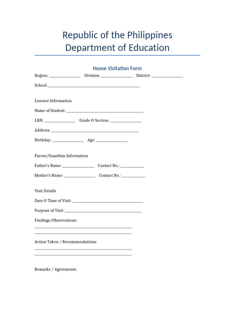 Home Visitation Form Template | PDF