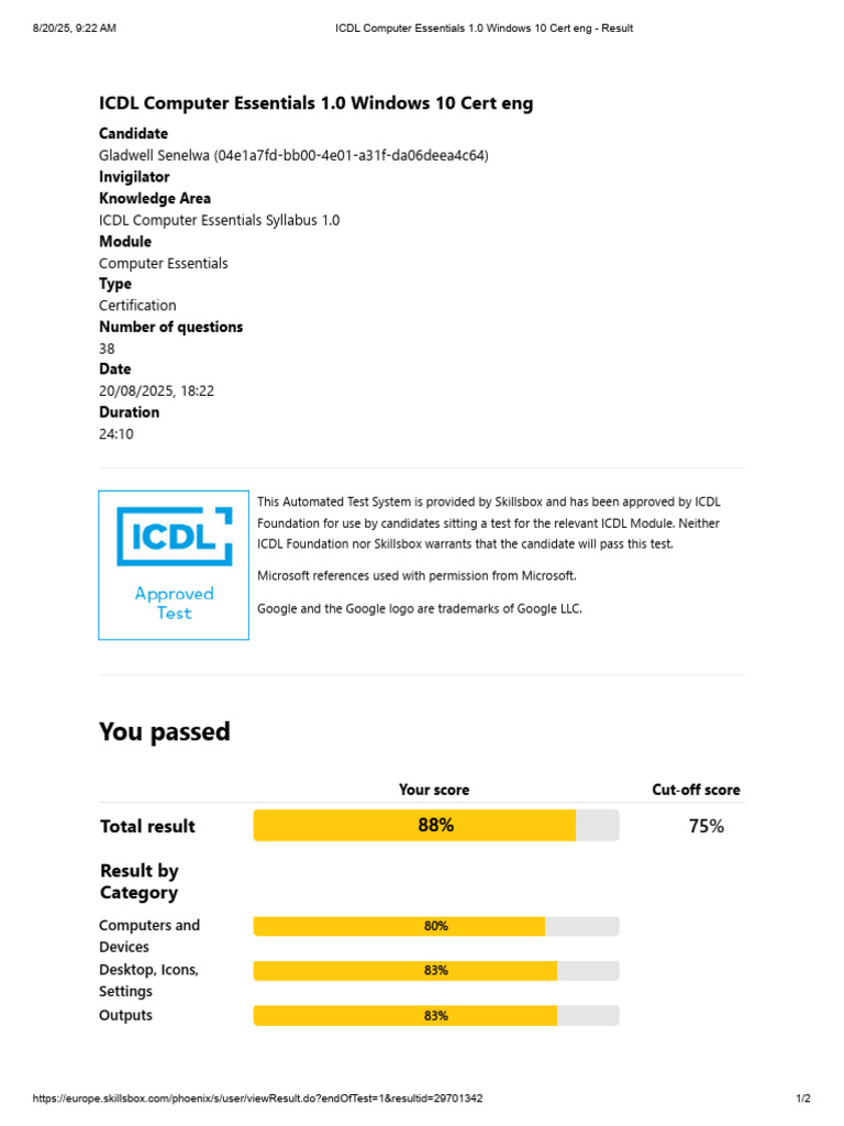 ICDL Computer Essentials 1.0 Windows 10 Cert Eng - Result | PDF