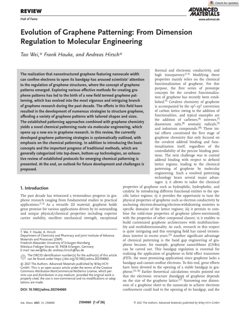 Advanced Materials - 2021 - Wei - Evolution of Graphene Patterning From ...