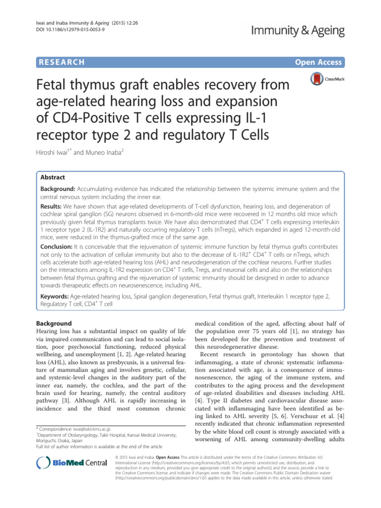 Fetal Thymus Graft Enables Recovery From Age-Related Hearing Loss and ...