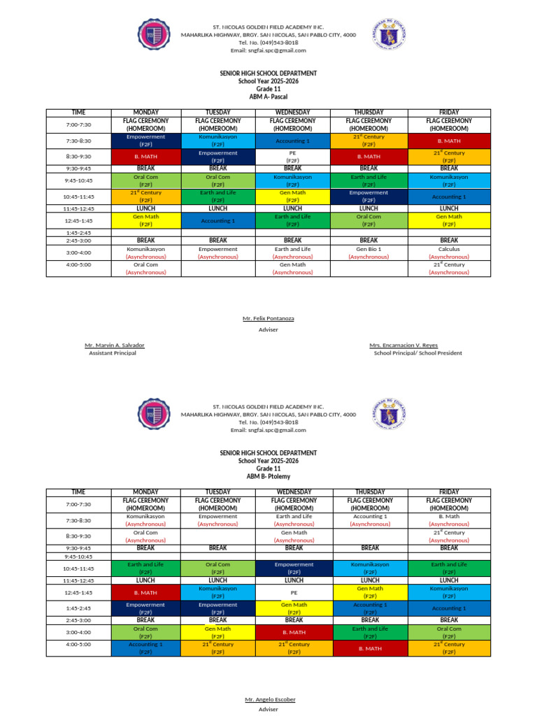 Grade 11 Class Schedule 2025-2026 | PDF | Mathematics