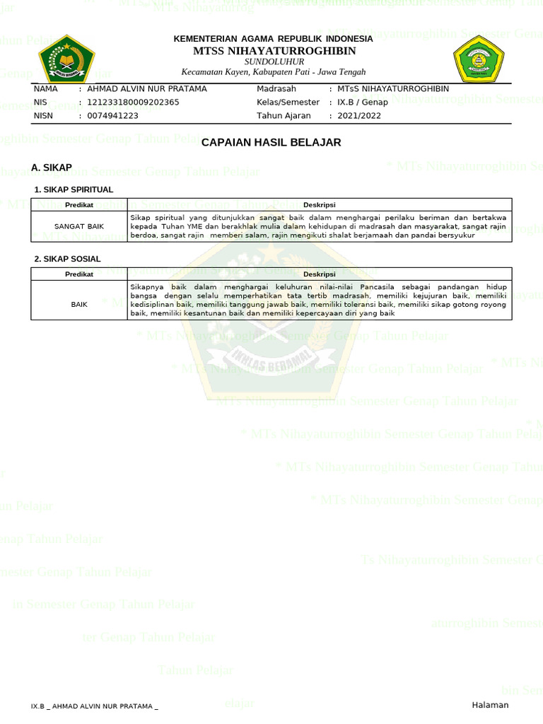 Rapor Ix.b - Ahmad Alvin Nur Pratama - 0074941223 | PDF