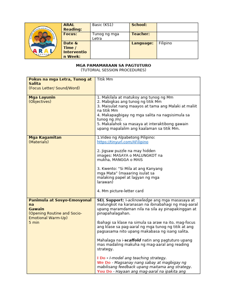 Sample Lesson Plan for ARAL Program (k1) | PDF