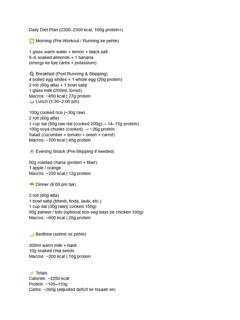 Daily Diet Plan (2200-2300 Kcal, 100g Protein-) | PDF
