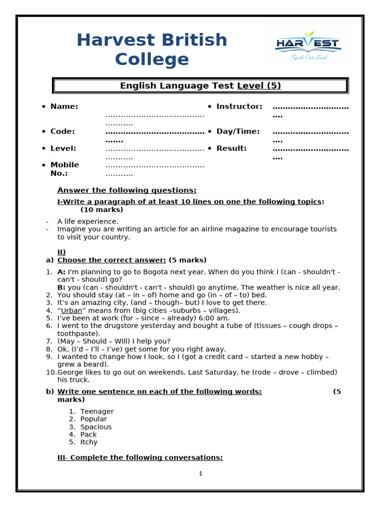 British College English Test Level 5 | PDF | Mosquito | Zoology