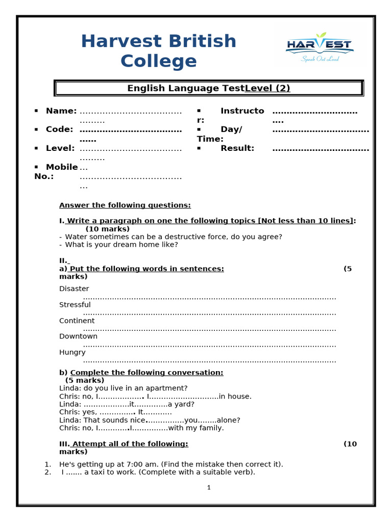 British College English Language Test | PDF