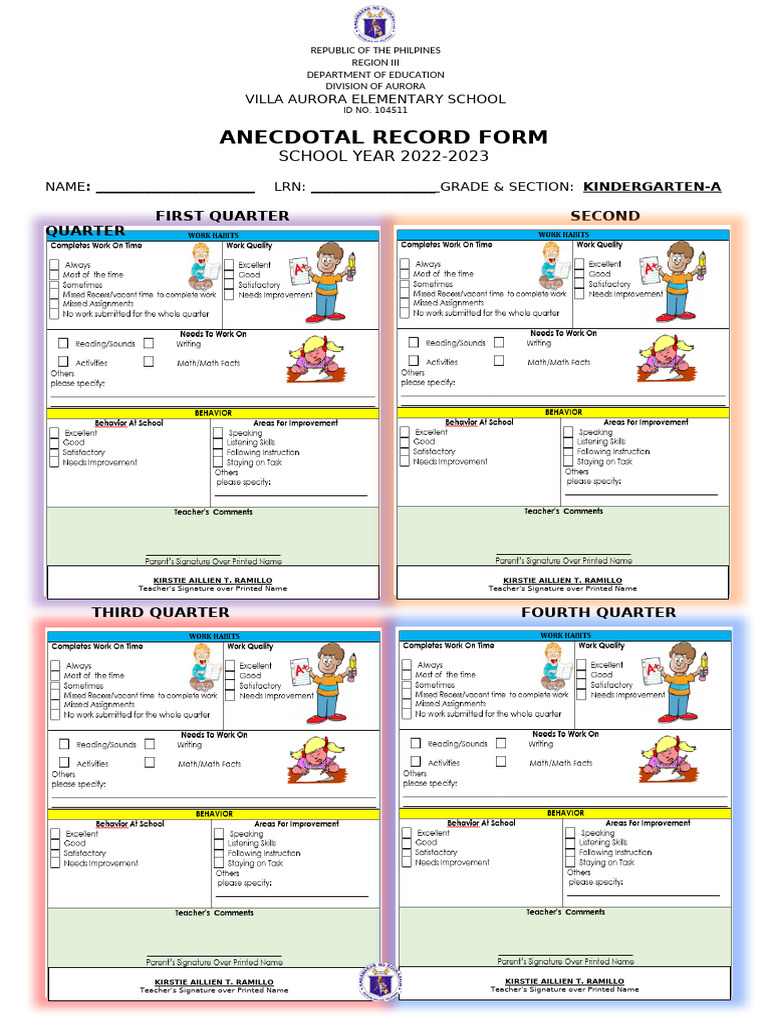 Kindergarten Anecdotal Record Form | PDF