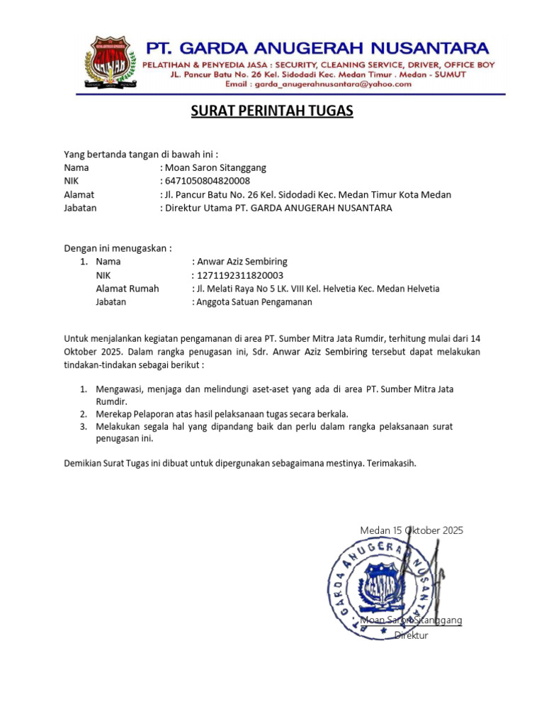 SURAT TUGAS Anwar Aziz Sembiring | PDF