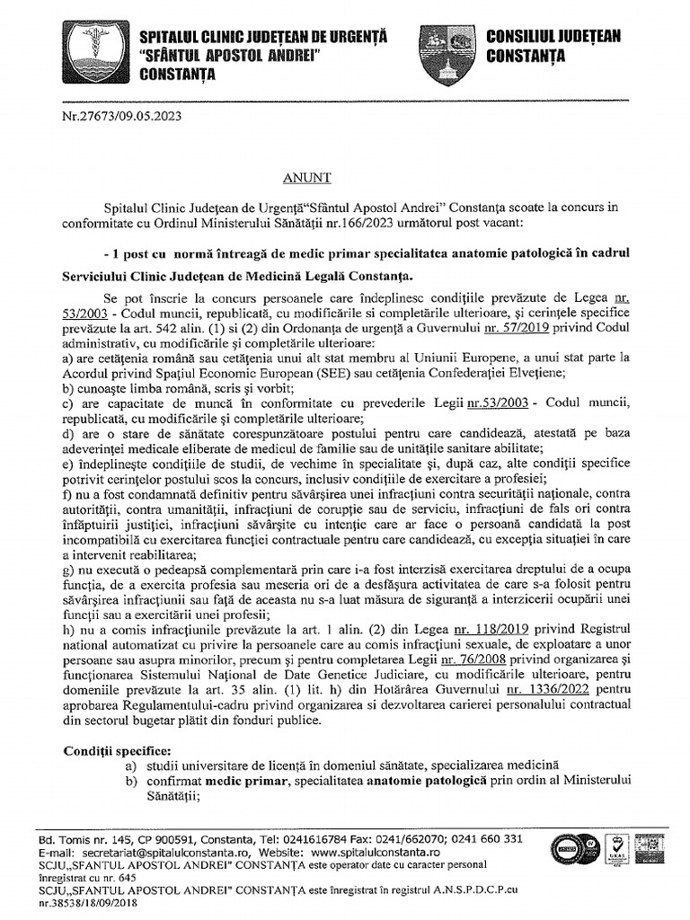 Anunt Concurs Medic Primar SP - Anatomie Patologica | PDF