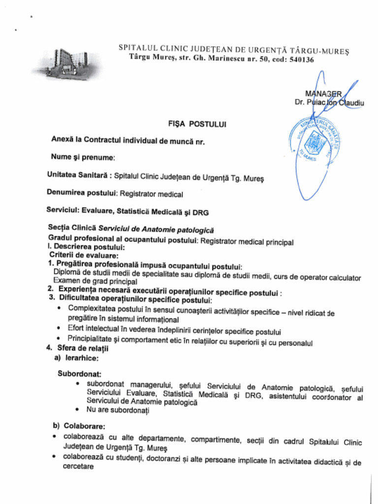 Fisa Post Reg Med Anat Patologica | PDF