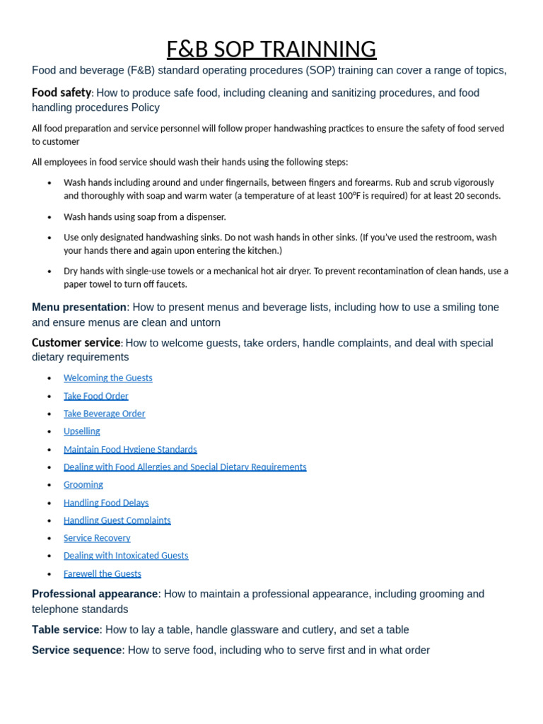 F&B SOP Training Guide for Staff | PDF
