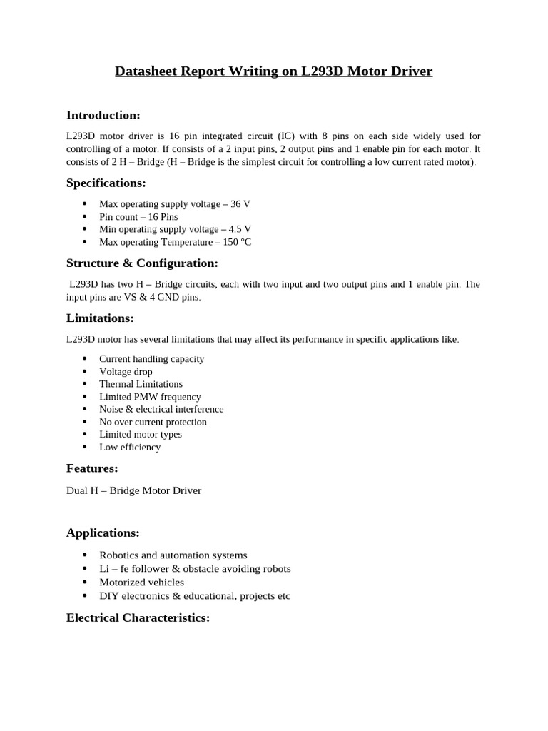 Datasheet Report Writing On L293D Motor Driver | PDF