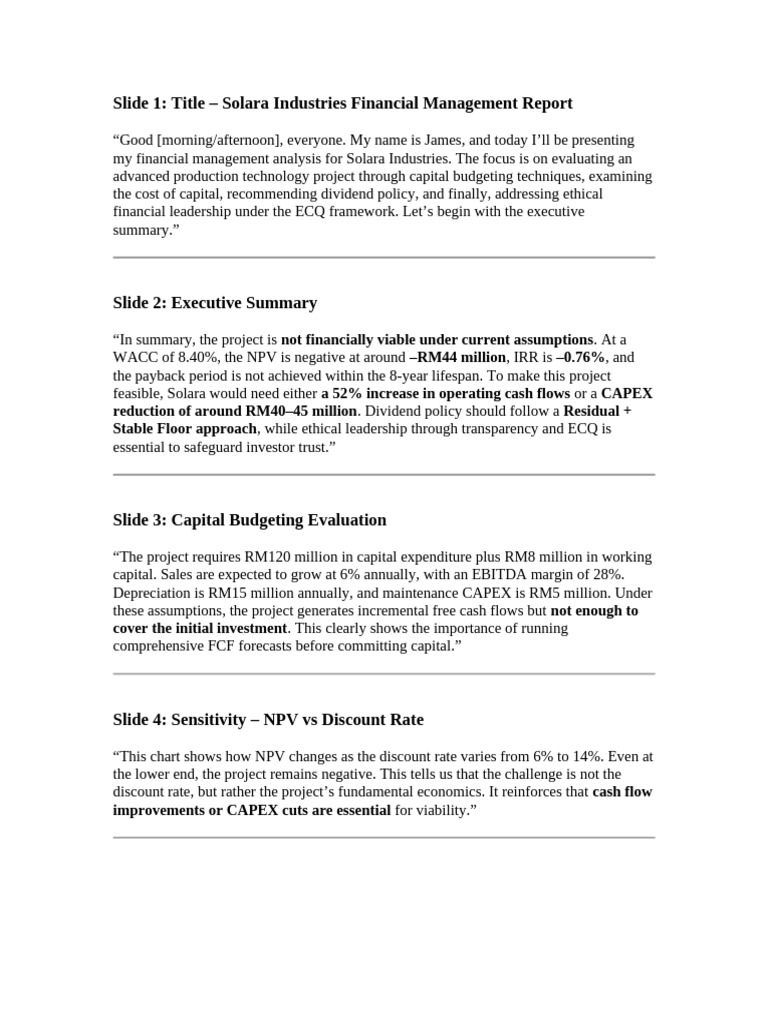 Solara Presentation Script | PDF | Cost Of Capital | Capital Budgeting