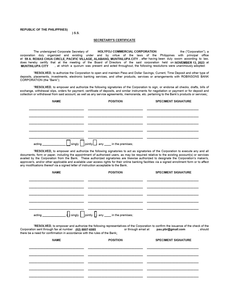 RBank Secretarys Certificate For Account Opening | PDF