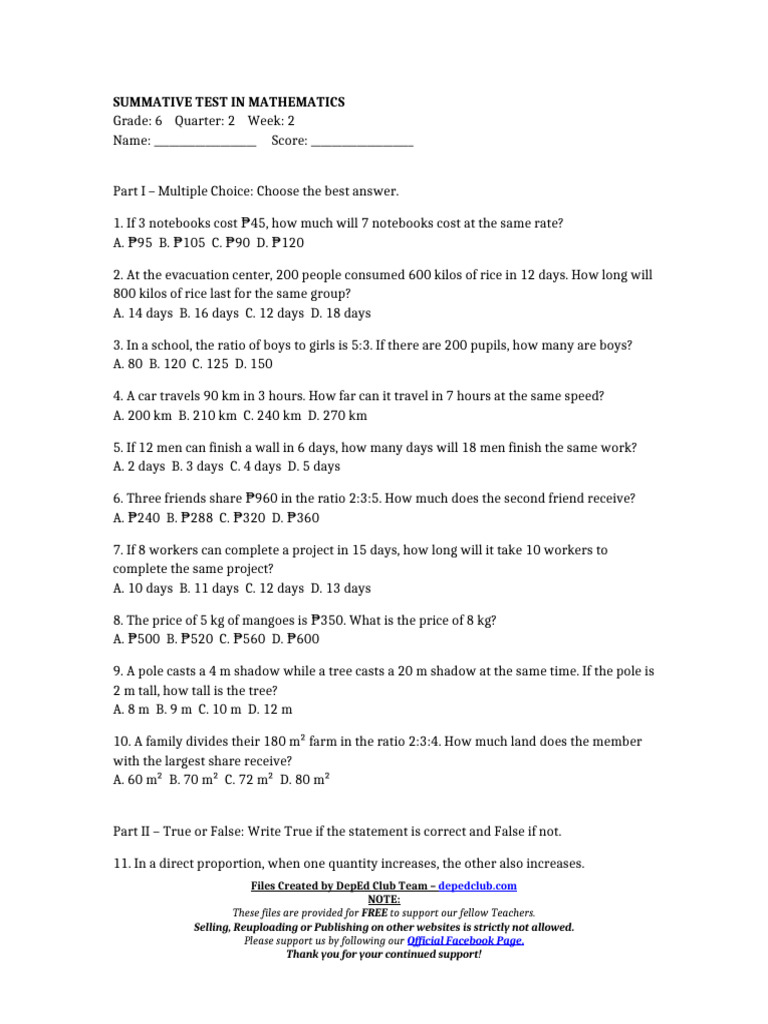 Mathematics Summative Test: Ratios & Proportions | PDF | Ratio ...