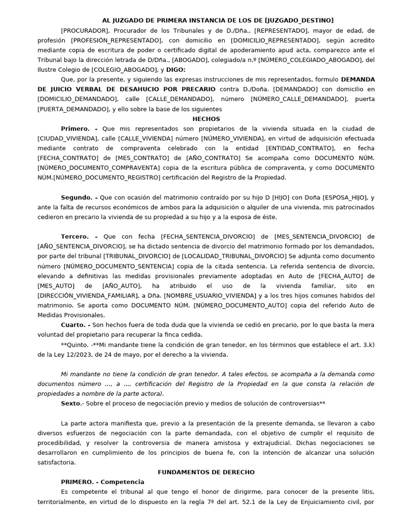 Demanda de Desahucio por Precario | PDF | Desalojo | Demanda judicial