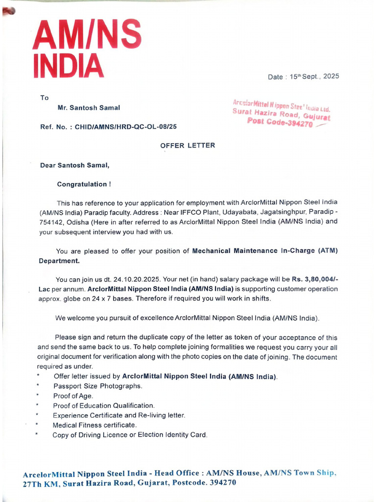 Santosh Amns India Joining | PDF