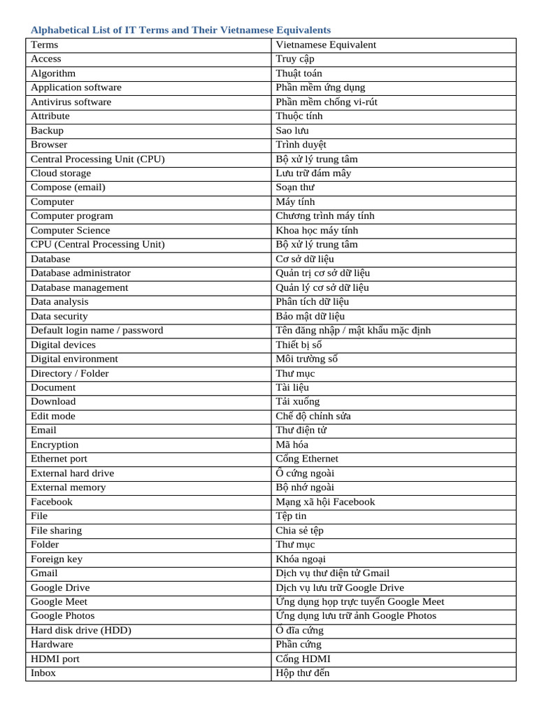 IT Terms Vietnamese Glossary | PDF