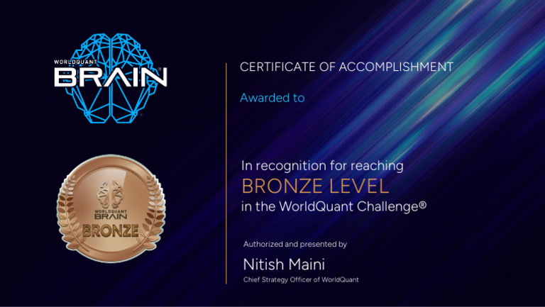 WorldQuant Challenge Bronze Certificate | PDF