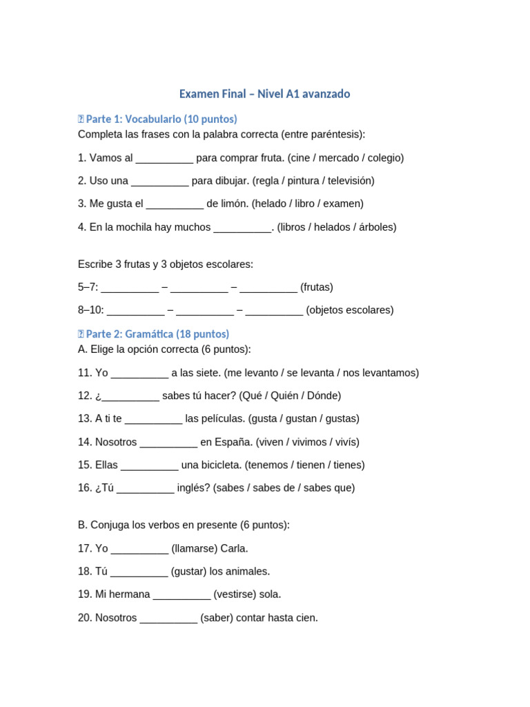 Examen Final de Español A1: Vocabulario y Gramática | PDF