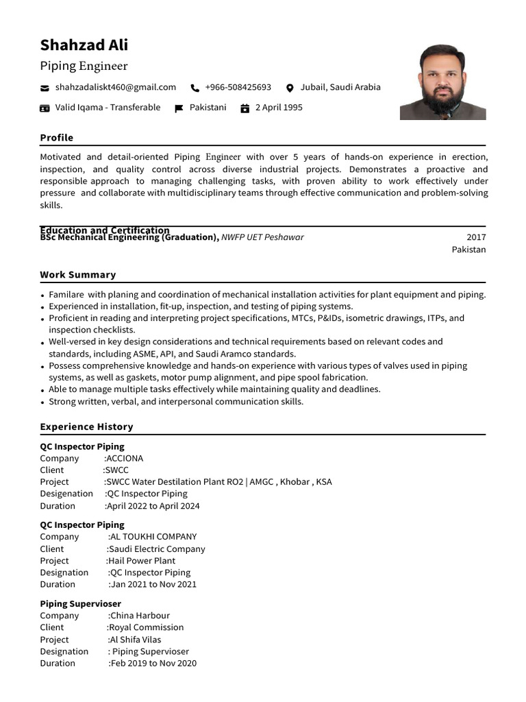 Experienced Piping Engineer Resume | PDF | Quality Assurance