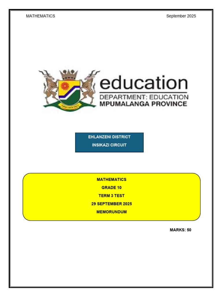 Grade 10 Math Term 3 Task 2025 Memo | PDF | Mathematics