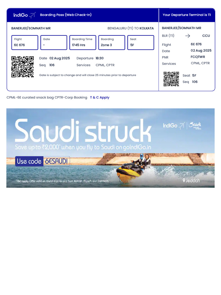 BLR To CCU Boarding Pass | PDF