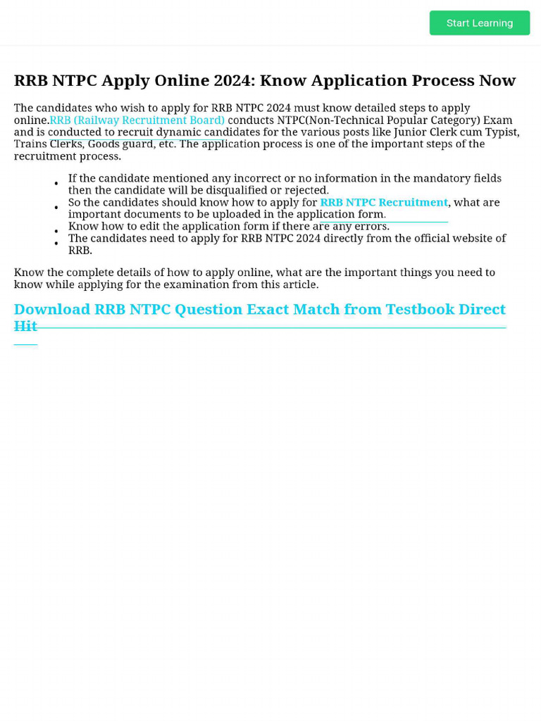 RRB NTPC Apply Online 2024 - Know Application Process Now | PDF