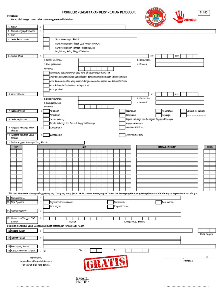 F.1.03 Form Pendaftaran Perpindahan Penduduk | PDF